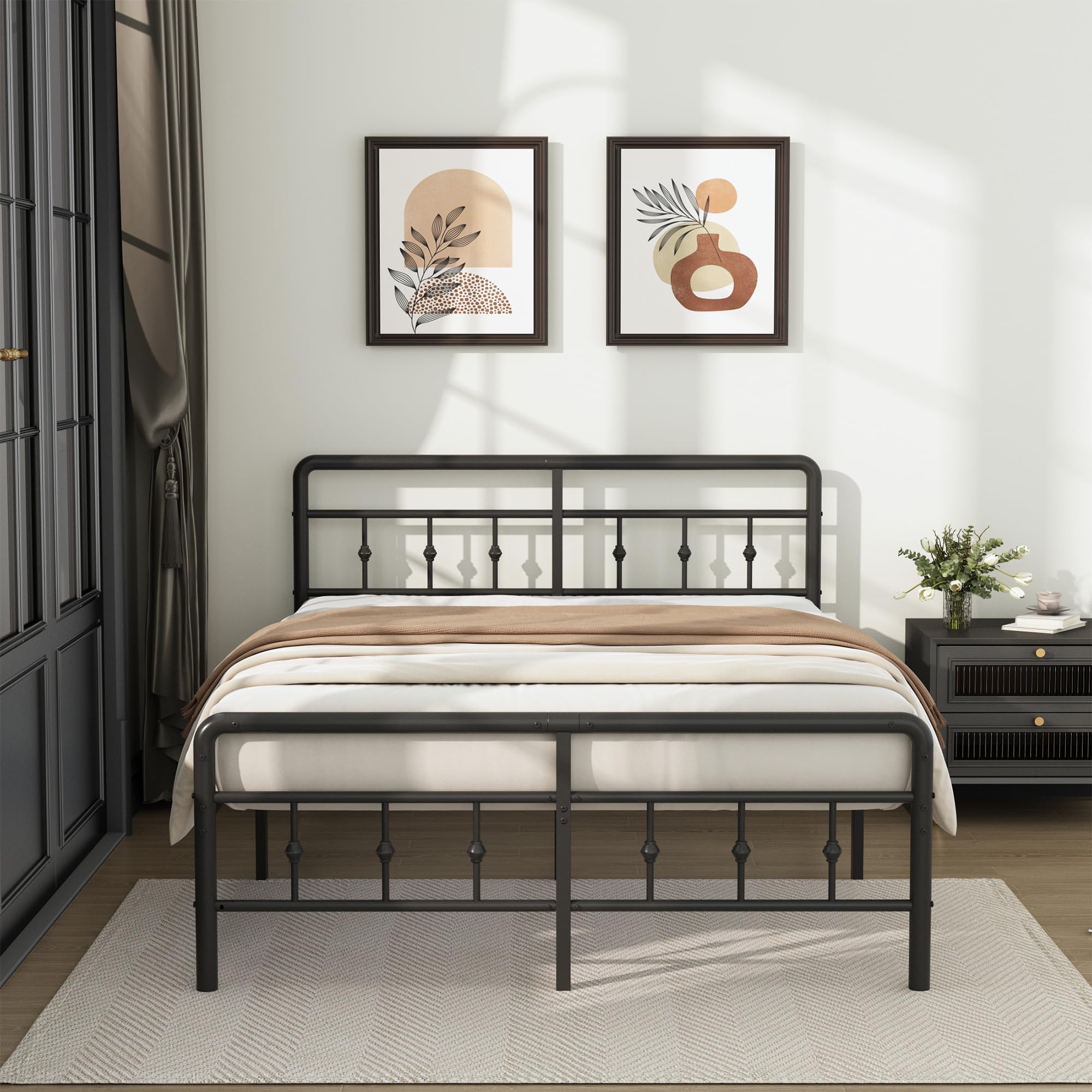 DiaOutro 16 Inch Full Size Bed Frame with Headboard and Footboard, Classic Metal Platform No Box Spring Needed Heavy Duty Victorian Style Iron-Art Mattress Foundation/Under Storage Matte Black DA13