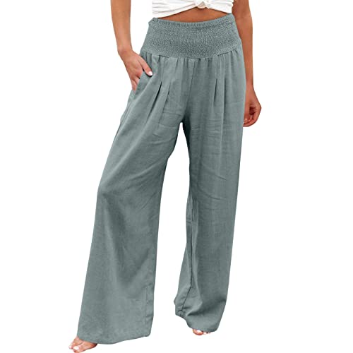 symoid Return Pallet for Sale Women’s Linen Pants Casual Summer Straight Wide Leg Flowy Pant with Pockets Elastic Waist Loose Lounge Palazzo Pants Women Blue XXXL