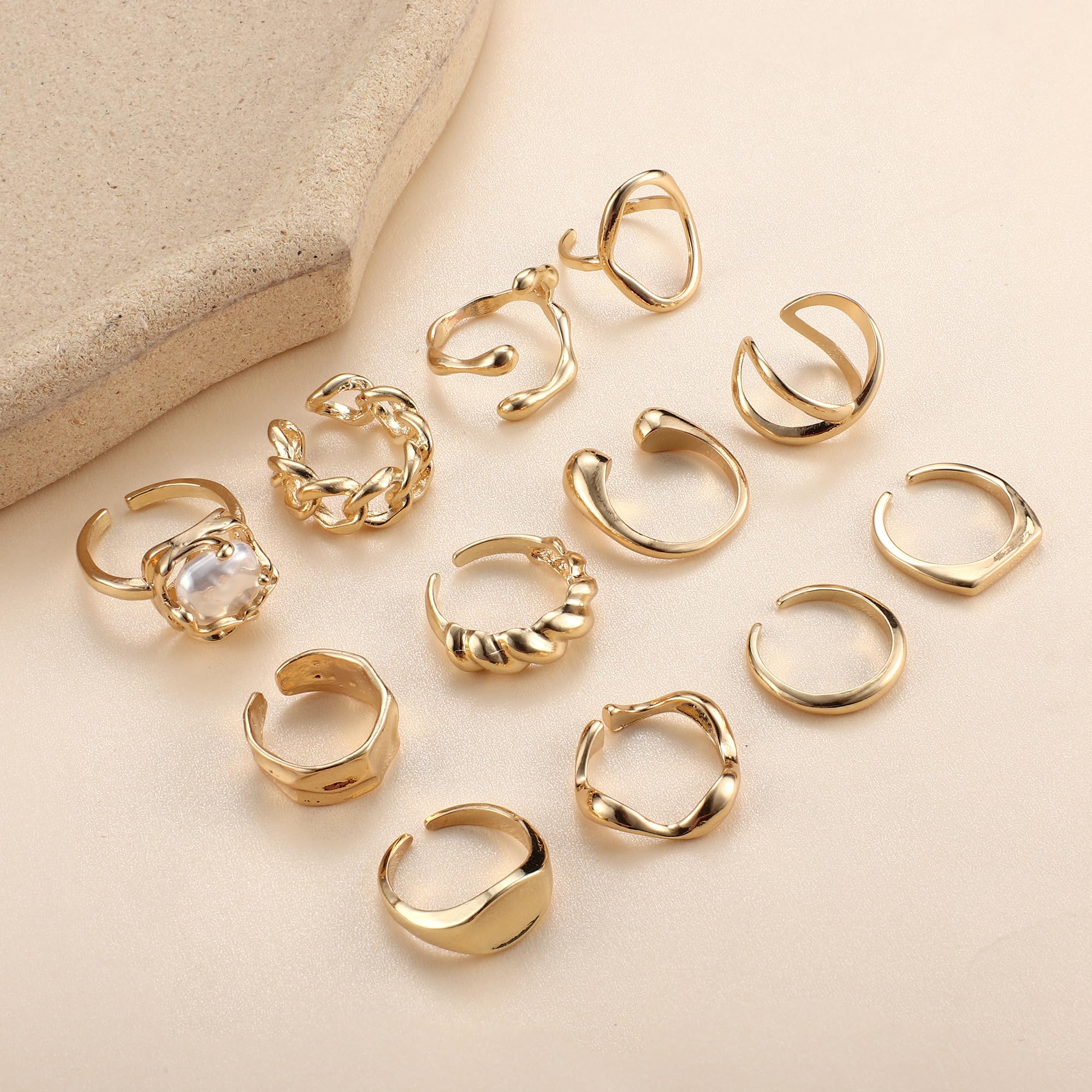 FIBO STEEL 12PCS Gold Rings for Women: 18K Gold Plated Chunky Stacking Rings Set
