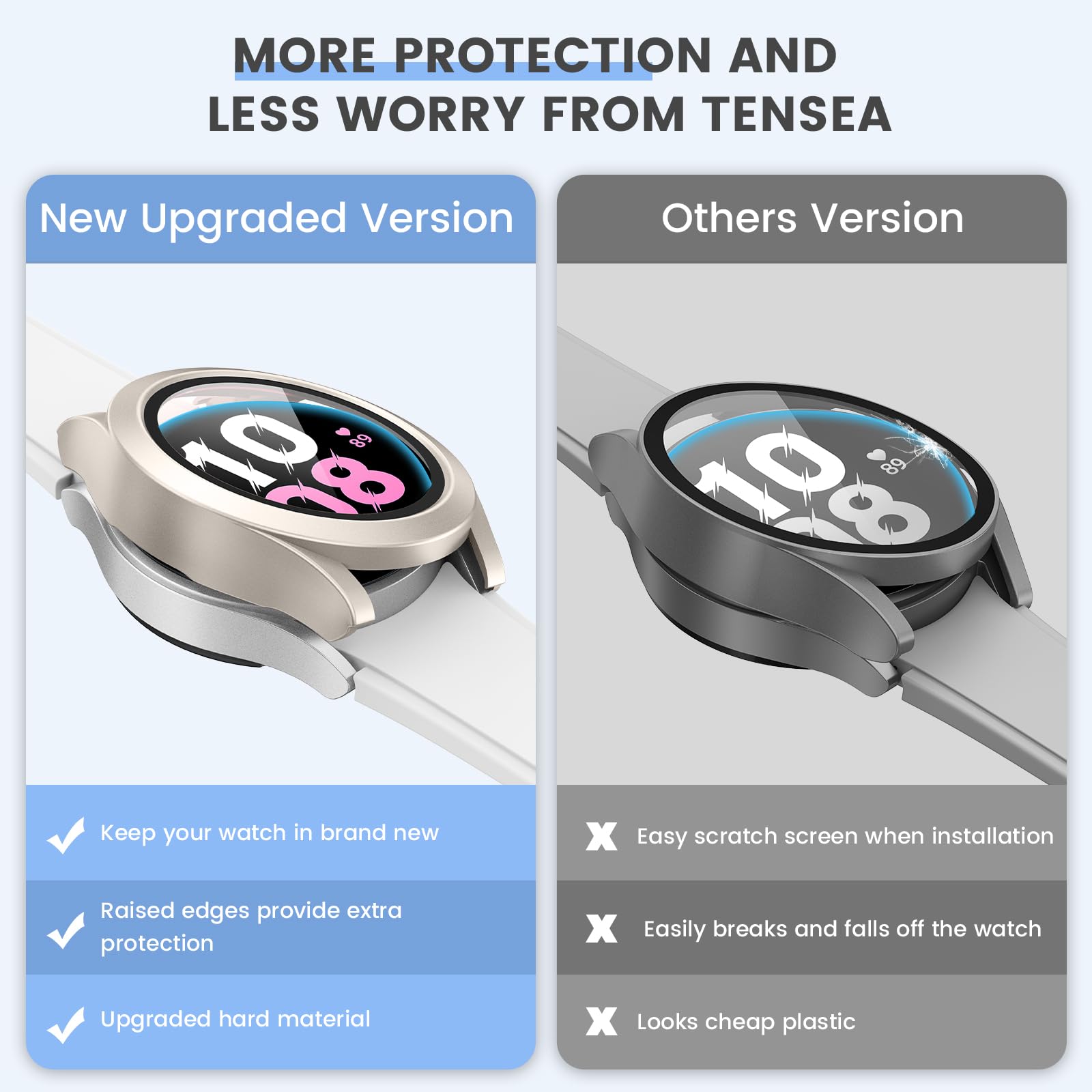 Tensea [2Pack] for Samsung Galaxy Watch 5 2022/4 2021 Screen Protector Case 44mm Accessories, Protective Face Cover for 44 mm, Hard Bumper Built-in Tempered Glass Film for Women Men