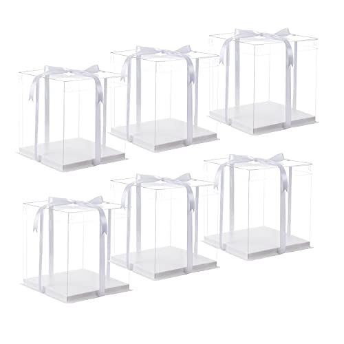 XININSUN 6Pcs Tall Cake Boxes PET Clear cake Box with Ribbon, 8 X 8 X 9inch for Bakery Boxes Cupcake Boxes Pie Cookies Boxes,Clear Gift Boxes with Lid for Carry Tall Layer Gift-White