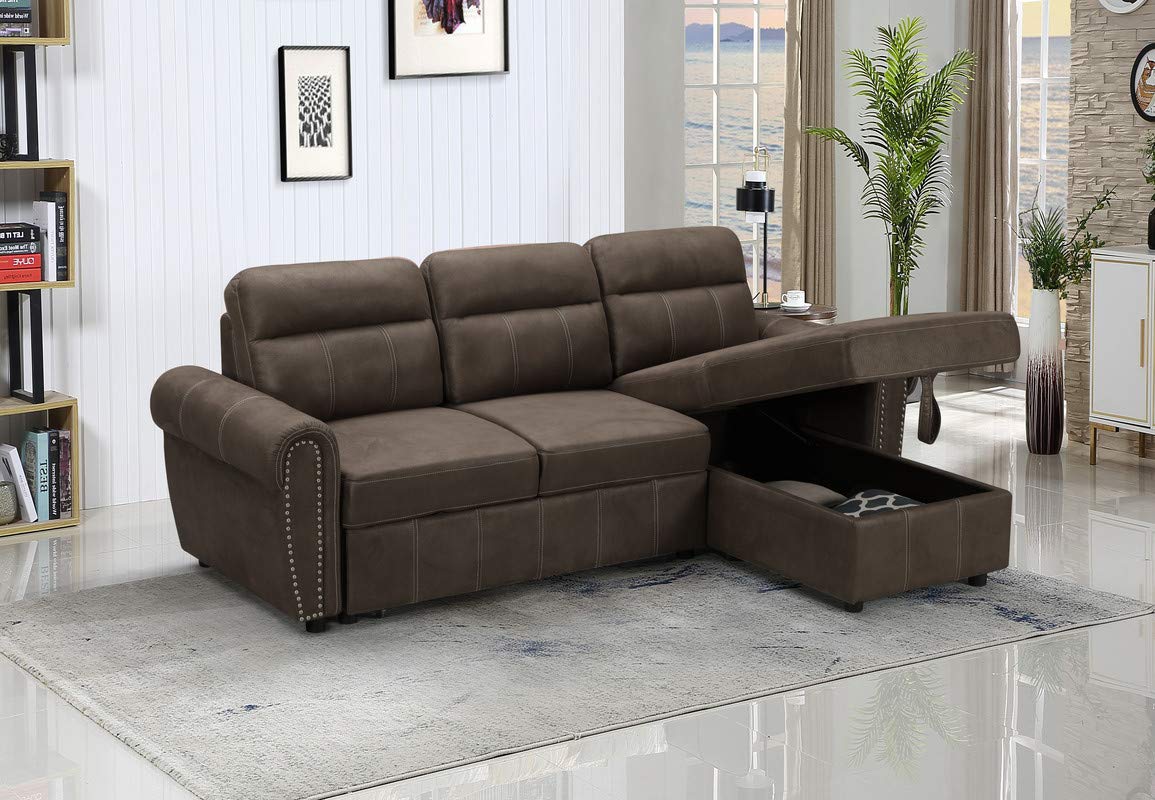 FULife Upholsterd Modular Sectional Sofa w/Reversible Chaise Lounge,Adjustable L Shape 3 Seaters Corner Futon Lounge Recliner Couch with Pull Out Sleeper Sofá Bed for Living Room/Compact Space