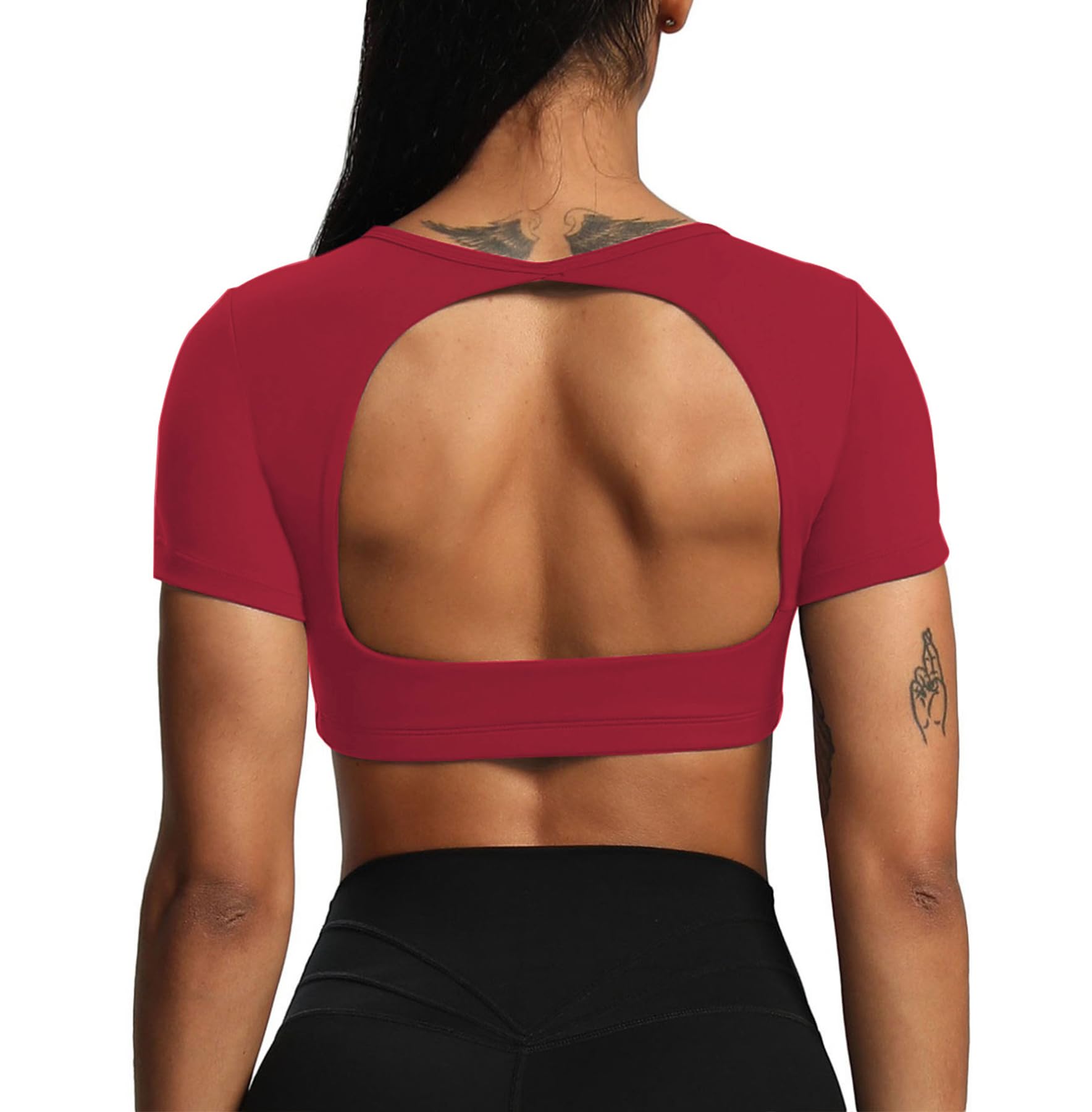 Aoxjox Short Sleeve Crop Tops for Women Clarissa Hollow Back Workout Cropped T Shirt Top (Rumba Red, Small)