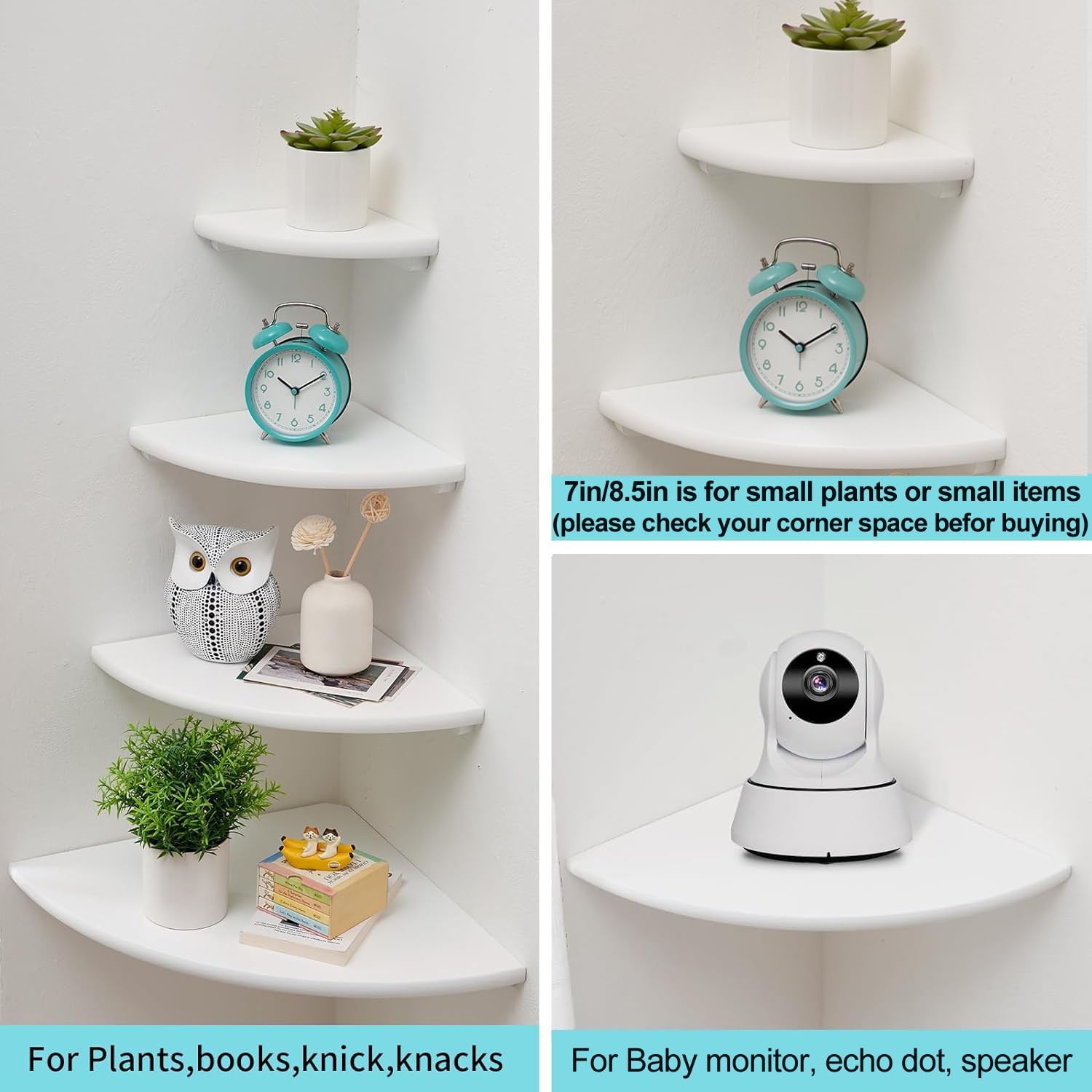 Corner Shelf, White Solid Oak Wood Floating Corner Shelves Wall Mount Round End Floating Speaker Shelf for Small Plant Photo Frame (White, 10in)