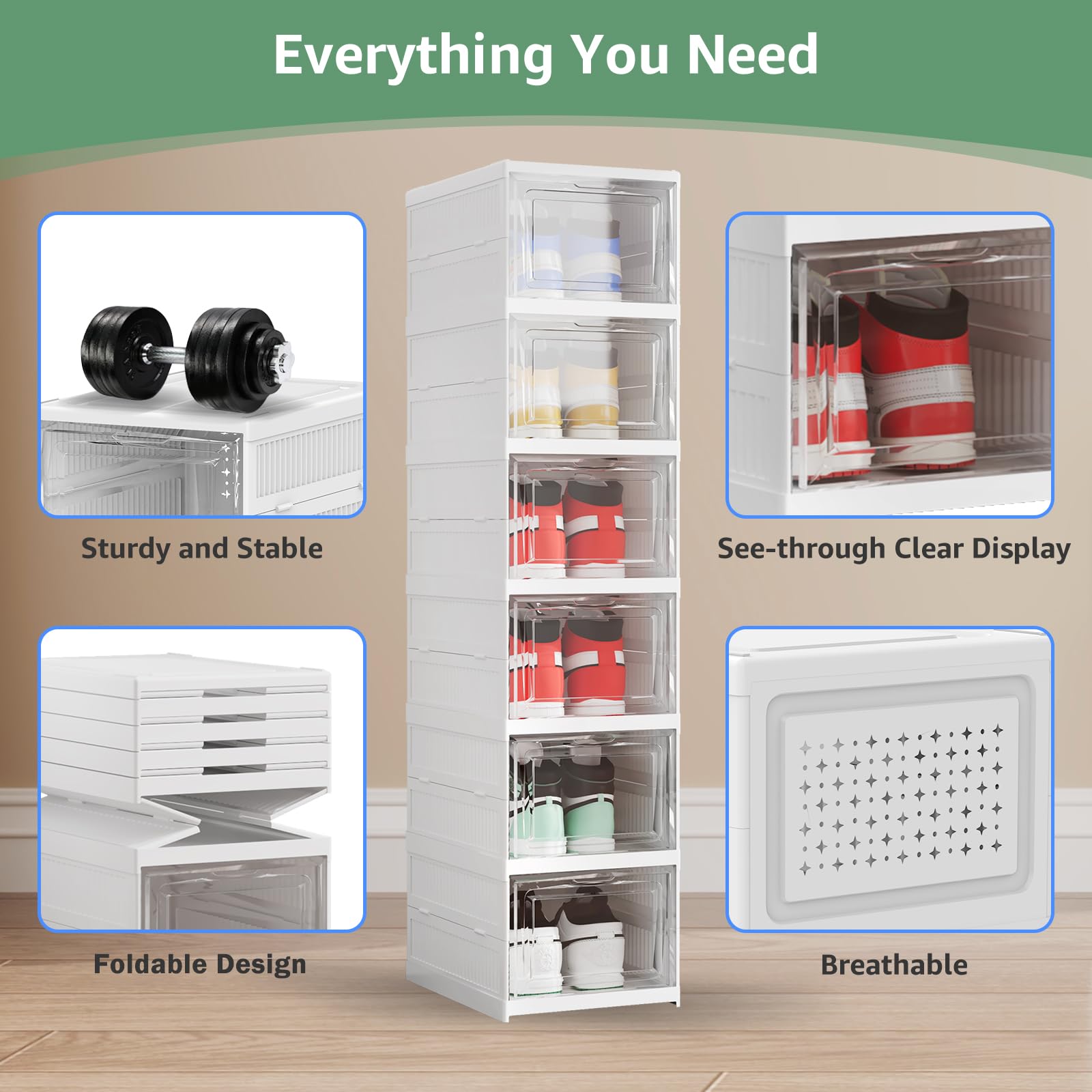 Harmon Wandyer Shoe Organizer Box 3-Tier Foldable Shoe Rack, Fit Size 12, No Assembly Stackable Shoe Organizer Storage Bins wit, All In One Universal Shoe Storage Boxes for Men and Women