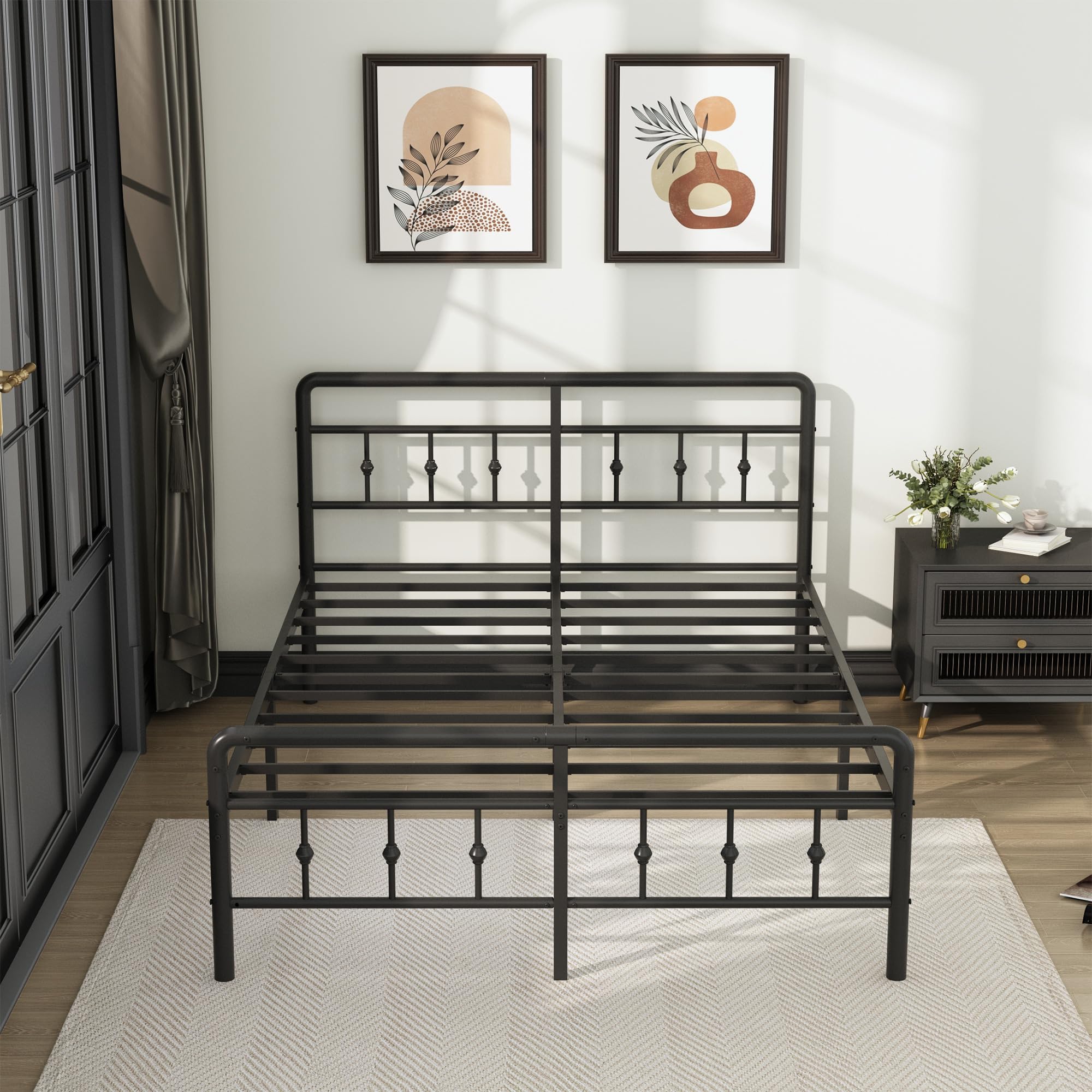 DiaOutro 16 Inch Full Size Bed Frame with Headboard and Footboard, Classic Metal Platform No Box Spring Needed Heavy Duty Victorian Style Iron-Art Mattress Foundation/Under Storage Matte Black DA13