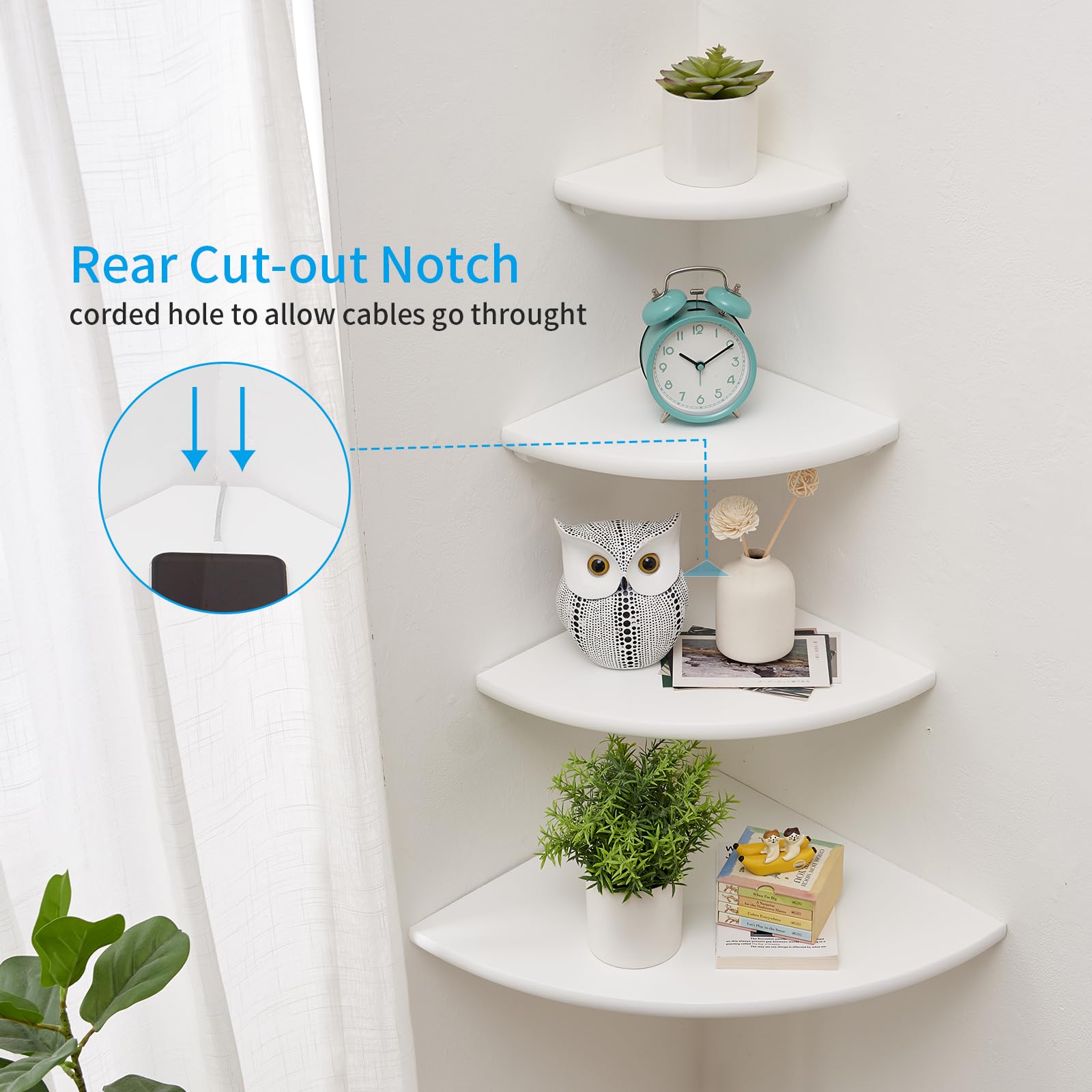 Corner Shelf, White Solid Oak Wood Floating Corner Shelves Wall Mount Round End Floating Speaker Shelf for Small Plant Photo Frame (White, 10in)