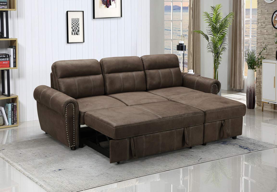 FULife Upholsterd Modular Sectional Sofa w/Reversible Chaise Lounge,Adjustable L Shape 3 Seaters Corner Futon Lounge Recliner Couch with Pull Out Sleeper Sofá Bed for Living Room/Compact Space