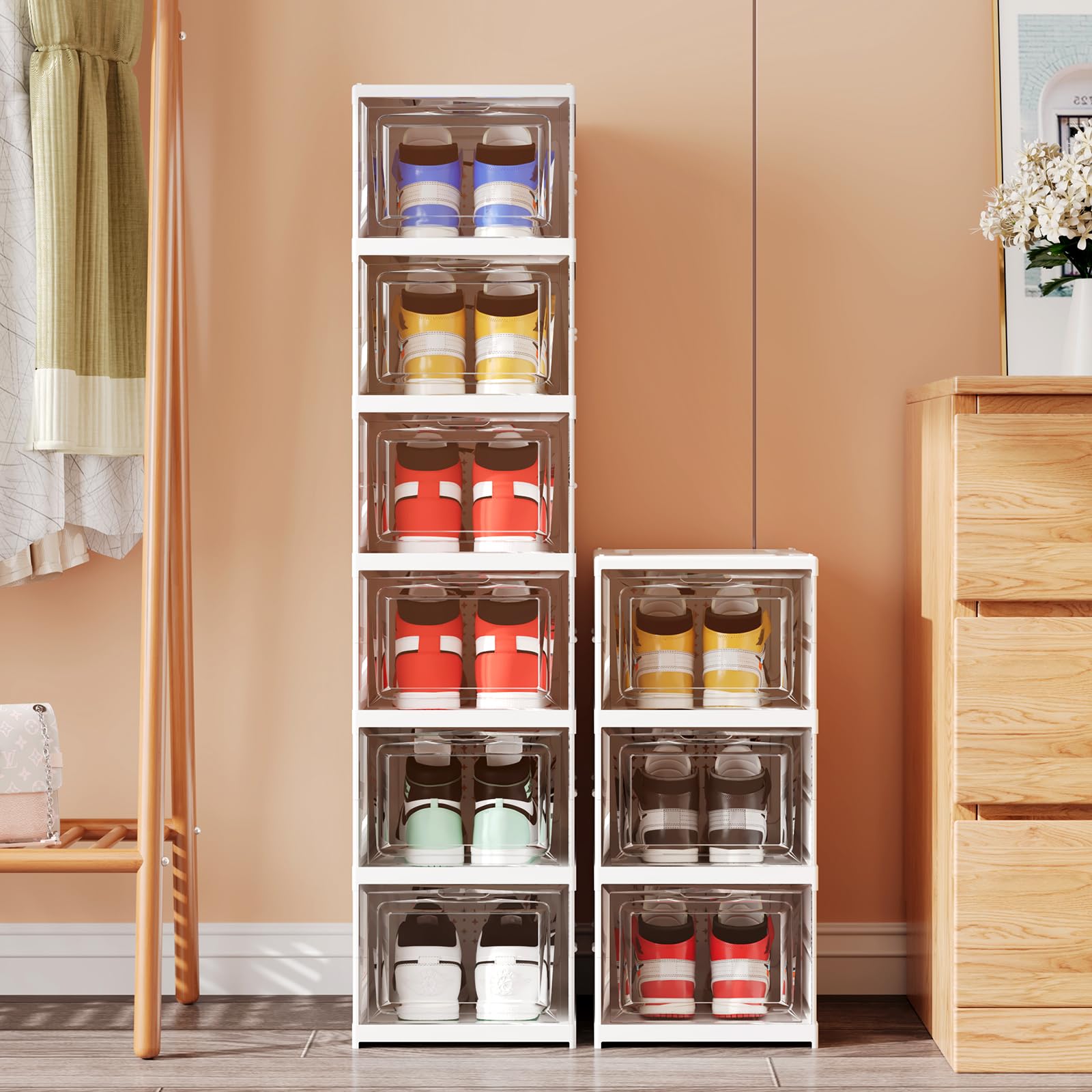 Harmon Wandyer Shoe Organizer Box 3-Tier Foldable Shoe Rack, Fit Size 12, No Assembly Stackable Shoe Organizer Storage Bins wit, All In One Universal Shoe Storage Boxes for Men and Women