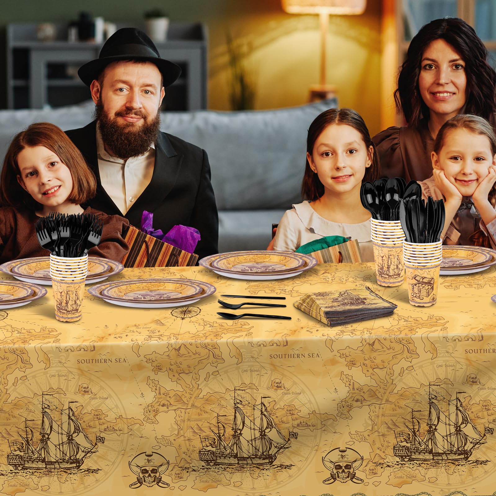 Durony 169-Piece Pirate Tableware Set - Pirate & Treasure Theme Birthday Party Supplies - Plastic Tablecloth, Plates, Napkins, Cups & Favors - Treasure Map Decors