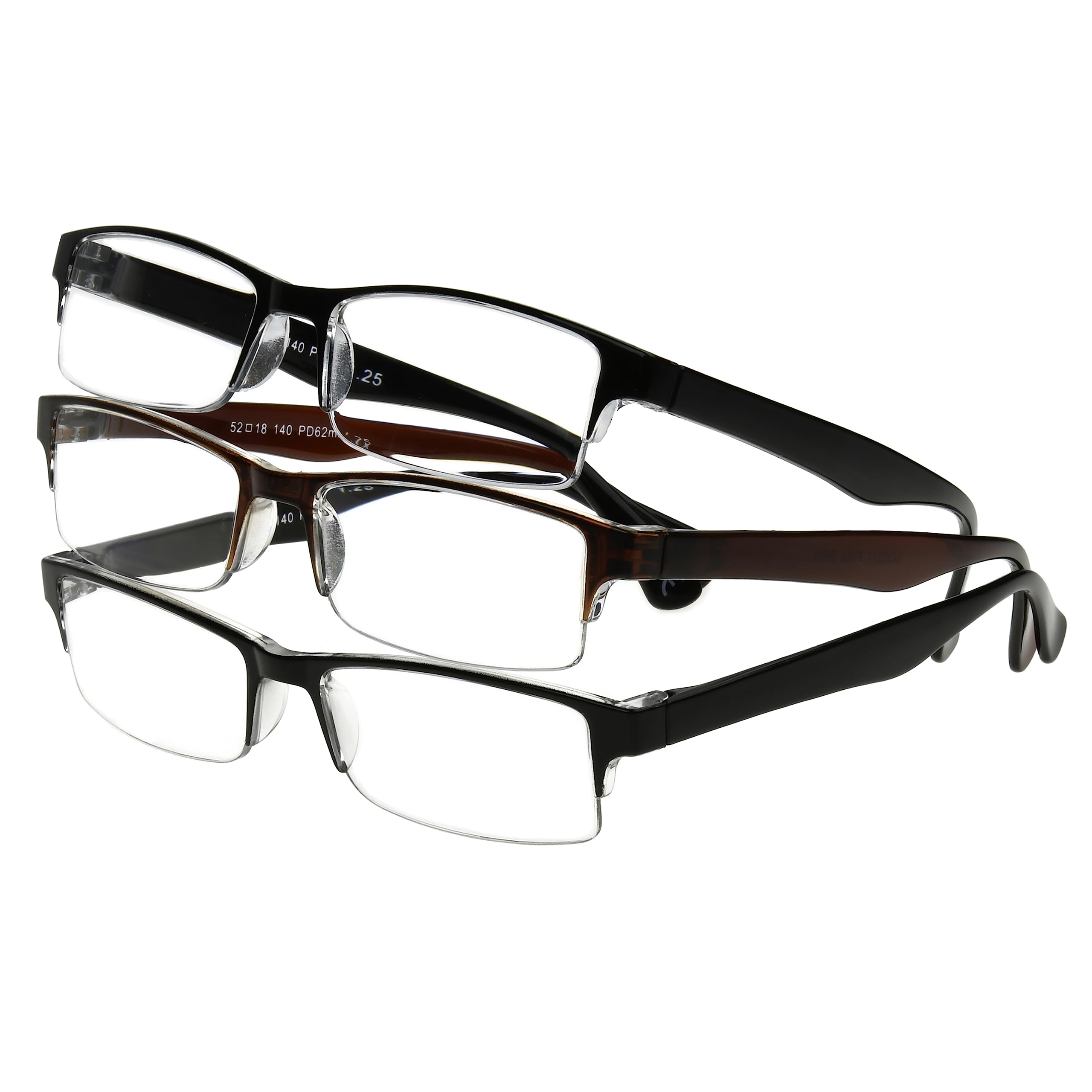Foster Grant Men's Pete Rectangular Reading Glasses, Black and Brown, 3 Pack, 1.25x