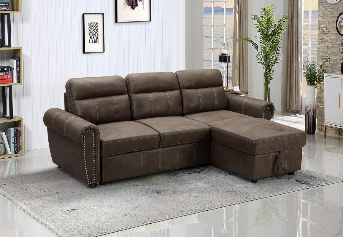 FULife Upholsterd Modular Sectional Sofa w/Reversible Chaise Lounge,Adjustable L Shape 3 Seaters Corner Futon Lounge Recliner Couch with Pull Out Sleeper Sofá Bed for Living Room/Compact Space