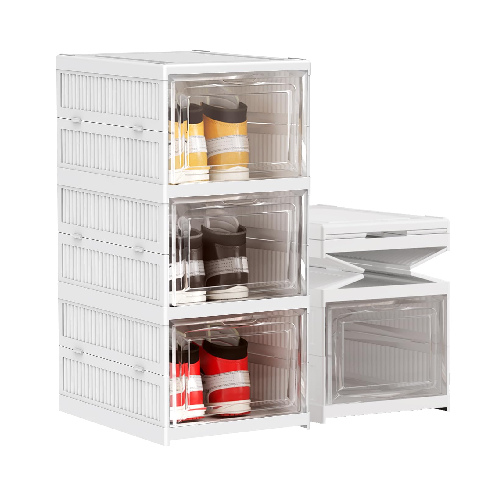 Harmon Wandyer Shoe Organizer Box 3-Tier Foldable Shoe Rack, Fit Size 12, No Assembly Stackable Shoe Organizer Storage Bins wit, All In One Universal Shoe Storage Boxes for Men and Women