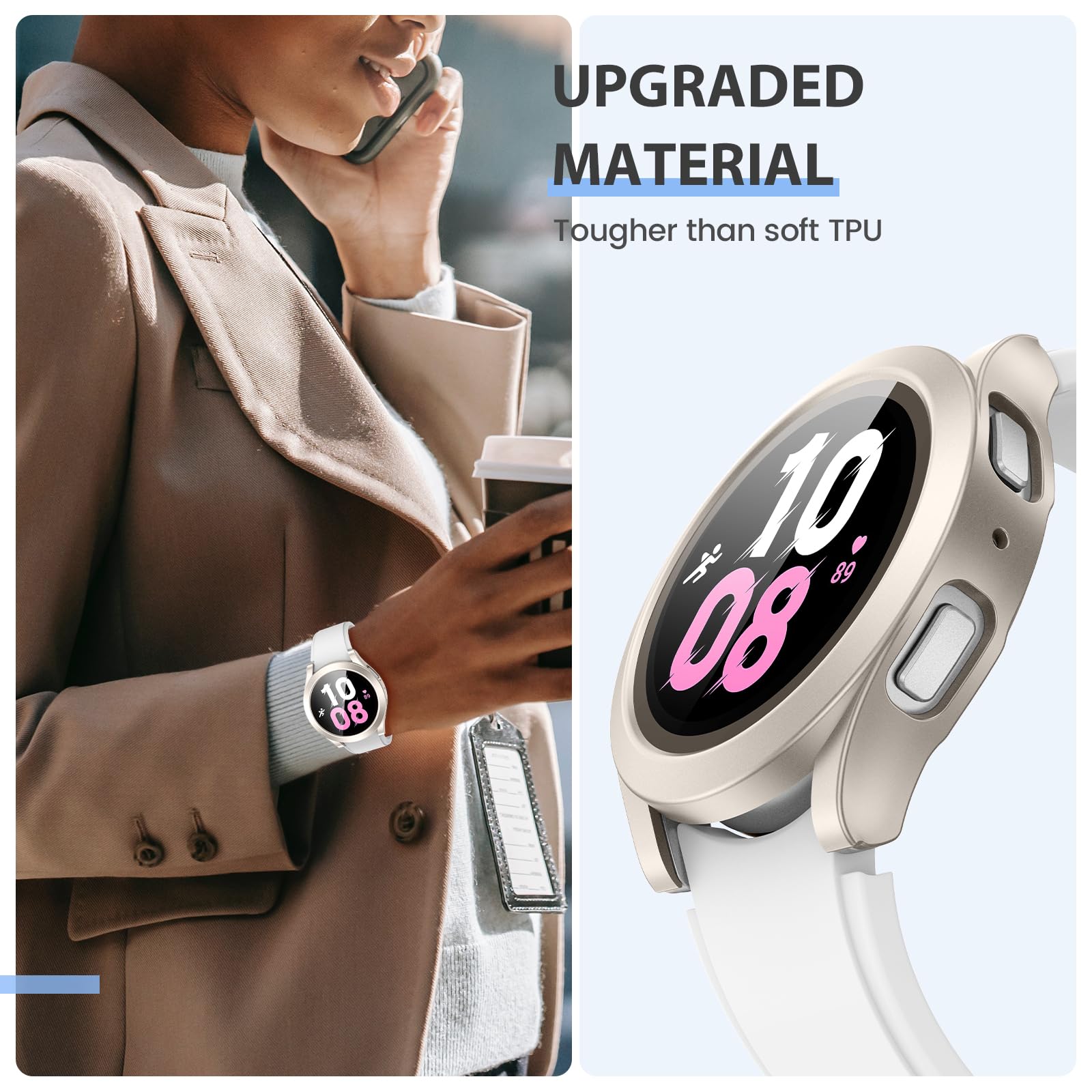 Tensea [2Pack] for Samsung Galaxy Watch 5 2022/4 2021 Screen Protector Case 44mm Accessories, Protective Face Cover for 44 mm, Hard Bumper Built-in Tempered Glass Film for Women Men
