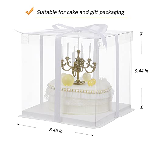 XININSUN 6Pcs Tall Cake Boxes PET Clear cake Box with Ribbon, 8 X 8 X 9inch for Bakery Boxes Cupcake Boxes Pie Cookies Boxes,Clear Gift Boxes with Lid for Carry Tall Layer Gift-White