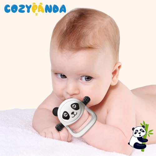 COZYPANDA Teething Toys for Babies 0-6-12 Months, Never Drop Baby Teether for Teething Relief, Silicone Panda Baby Hand Mittens with Sucking Need Pacifier, Baby Chew Toys for Breast Feeding (White)