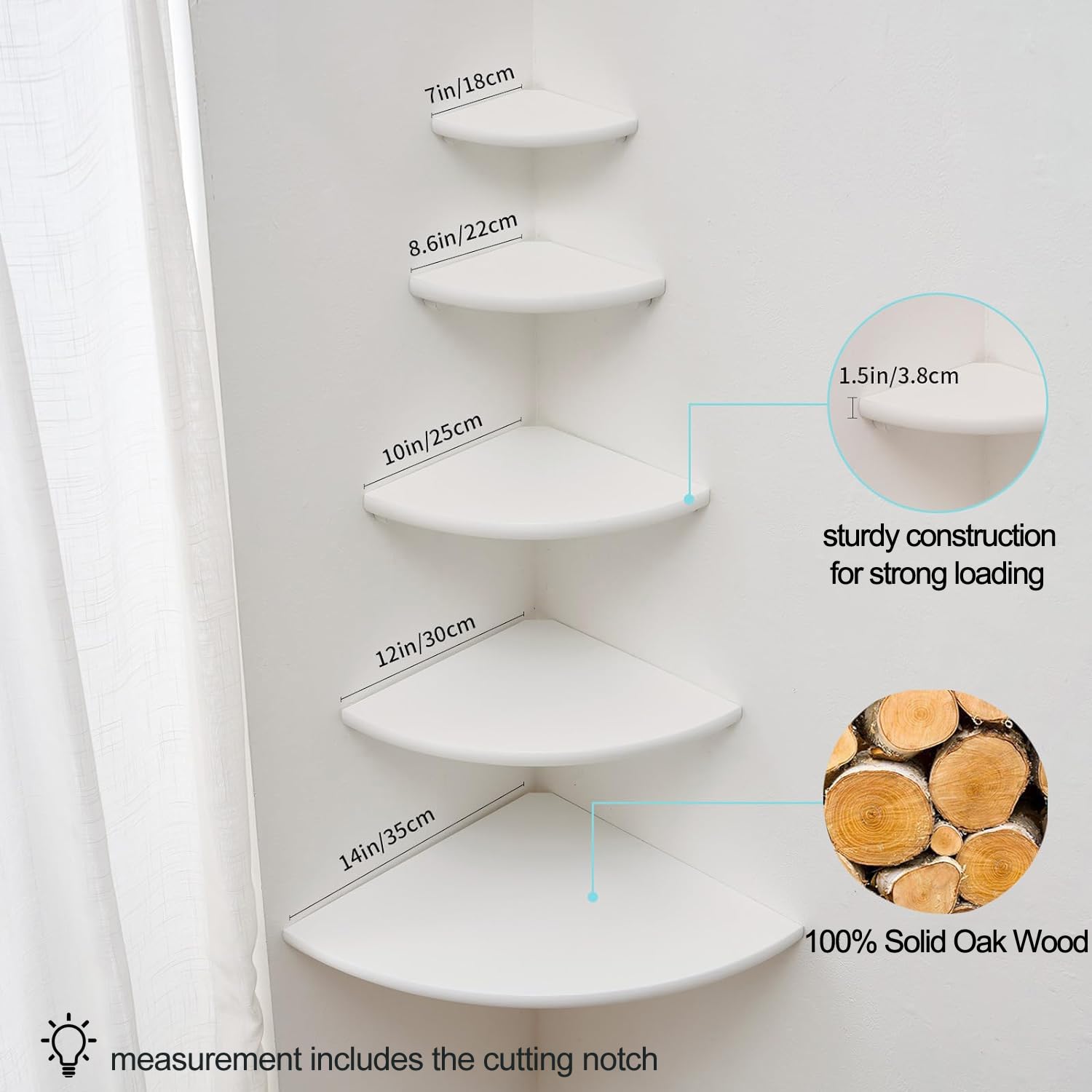 Corner Shelf, White Solid Oak Wood Floating Corner Shelves Wall Mount Round End Floating Speaker Shelf for Small Plant Photo Frame (White, 10in)