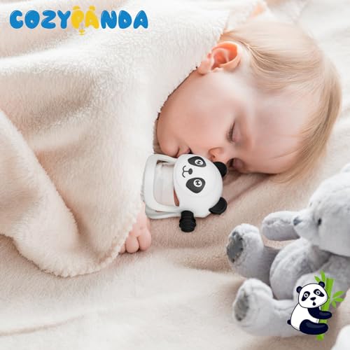 COZYPANDA Teething Toys for Babies 0-6-12 Months, Never Drop Baby Teether for Teething Relief, Silicone Panda Baby Hand Mittens with Sucking Need Pacifier, Baby Chew Toys for Breast Feeding (White)