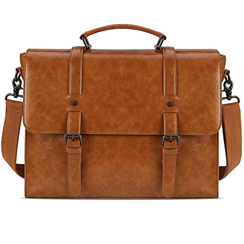 Leather Mens Messenger Bag Vintage 15.6 Inch Waterproof Leather Laptop Briefcase Large Satchel Shoulder Bag Retro Office College Computer Laptop Bag, Brown