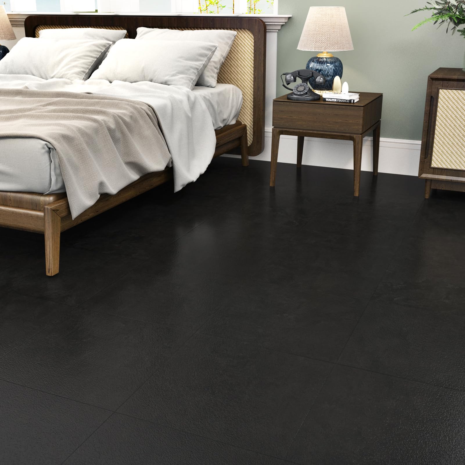 WESTICK Black Peel and Stick Floor Tile Stickers 20 Pack Peel and Stick Bathroom Floor Tiles Waterproof Marble Stick on Tile Floor Kitchen Vinyl Flooring for Bedroom RV Camper Living Room 12" x 12"