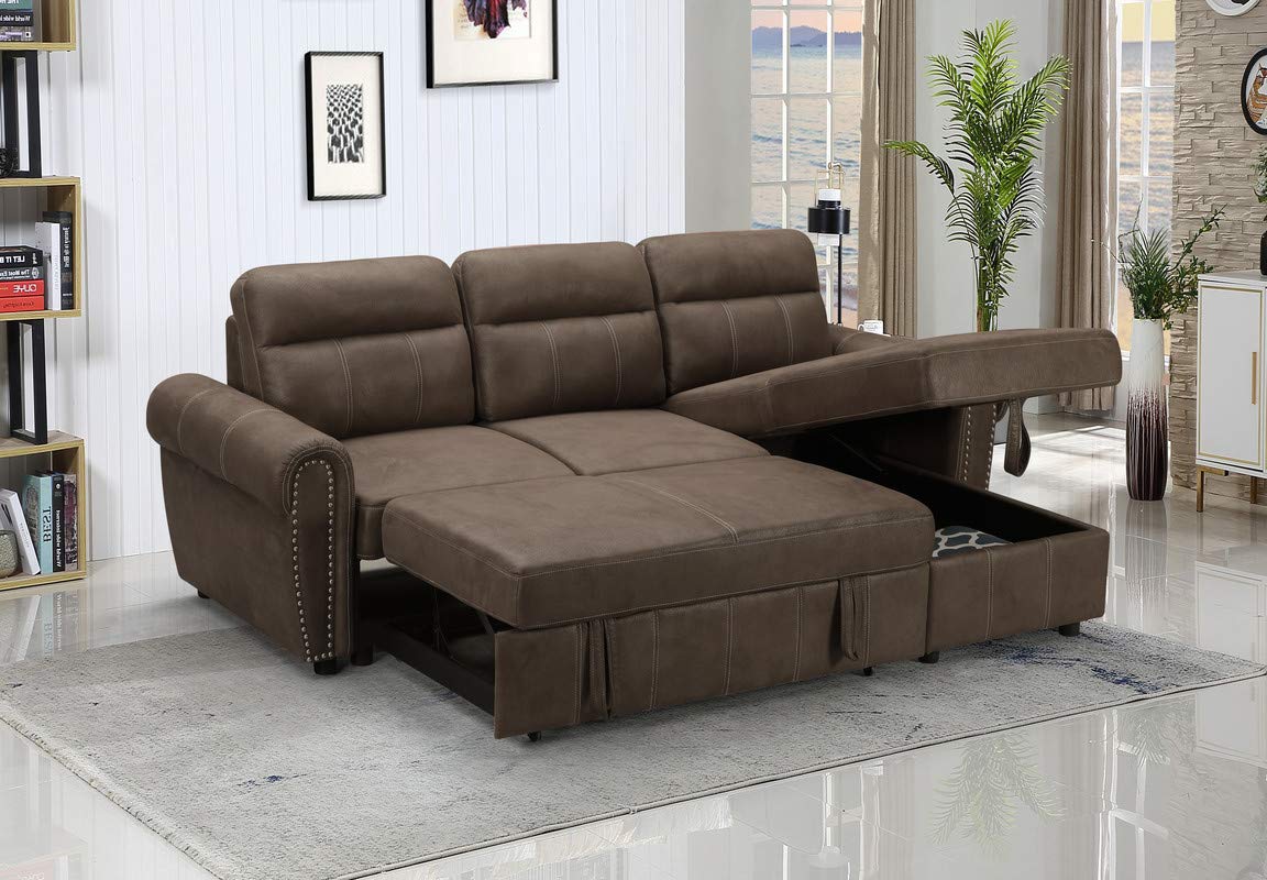 FULife Upholsterd Modular Sectional Sofa w/Reversible Chaise Lounge,Adjustable L Shape 3 Seaters Corner Futon Lounge Recliner Couch with Pull Out Sleeper Sofá Bed for Living Room/Compact Space