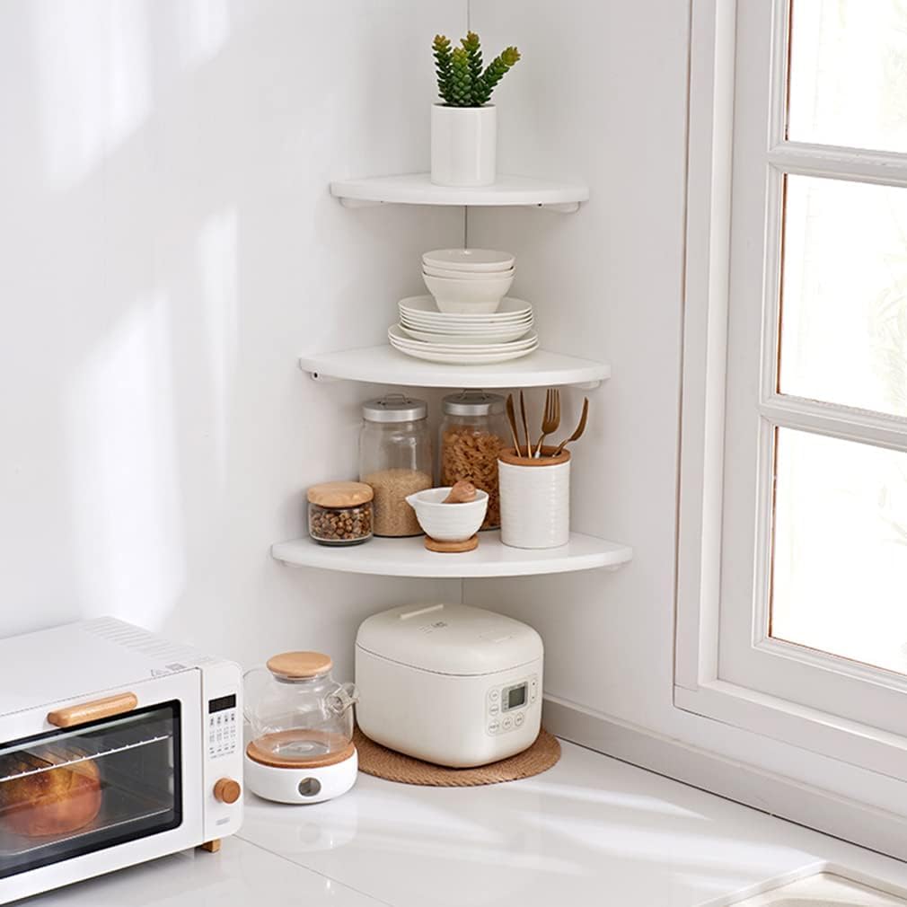 Corner Shelf, White Solid Oak Wood Floating Corner Shelves Wall Mount Round End Floating Speaker Shelf for Small Plant Photo Frame (White, 10in)