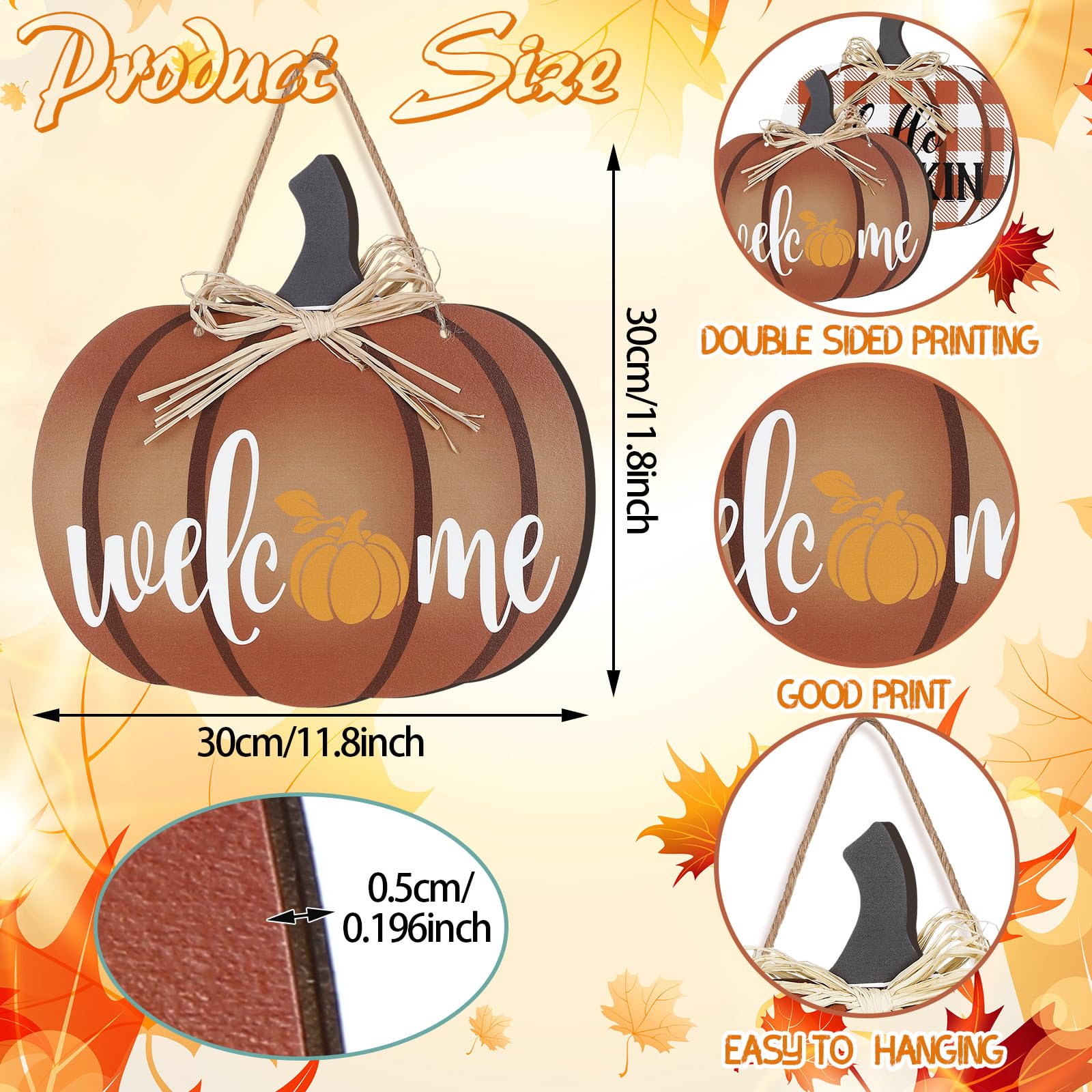 Tradder Fall Welcome Sign Thanksgiving Fall Pumpkin Sign with Bow Fall Wall Hanging Sign Rustic Wood Door Sign Double Sided Printing Pumpkin Farmhouse Door Hanger for Home Decoration (Rustic Style)