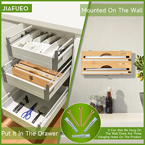 JIAFUEO Foil and Plastic Wrap Organizer, 2 in 1 Plastic Wrap Dispenser with Cutter and Labels, Aluminum Foil Organization and Storage, Bamboo 12" Roll Organizers Holder for Kitchen Drawer