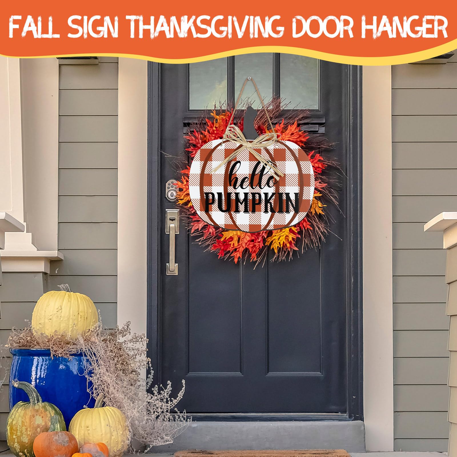 Tradder Fall Welcome Sign Thanksgiving Fall Pumpkin Sign with Bow Fall Wall Hanging Sign Rustic Wood Door Sign Double Sided Printing Pumpkin Farmhouse Door Hanger for Home Decoration (Rustic Style)