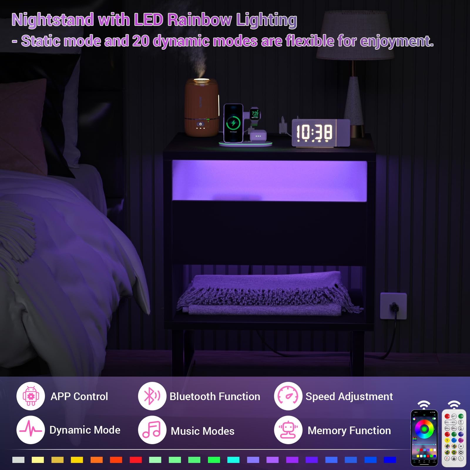 LED Nightstand with Charging Station, Black Night Stand with Charger Station, Bedside Table End Tables Bedroom, Modern Night Stand with a Big Capacity Drawer