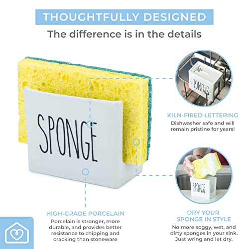 Heartland Home Porcelain Sponge Holder for Kitchen Sink. Compact Sink Caddy Organizer - Scouring Pad and Dish Sponge Holder. Ceramic Black and White Kitchen Decor and Cute Kitchen Accessories