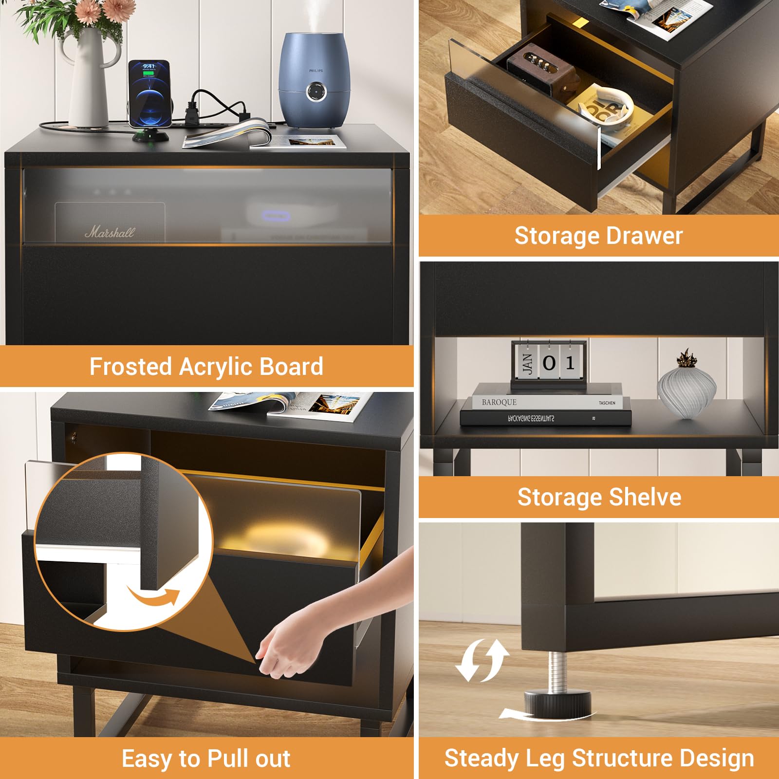 LED Nightstand with Charging Station, Black Night Stand with Charger Station, Bedside Table End Tables Bedroom, Modern Night Stand with a Big Capacity Drawer