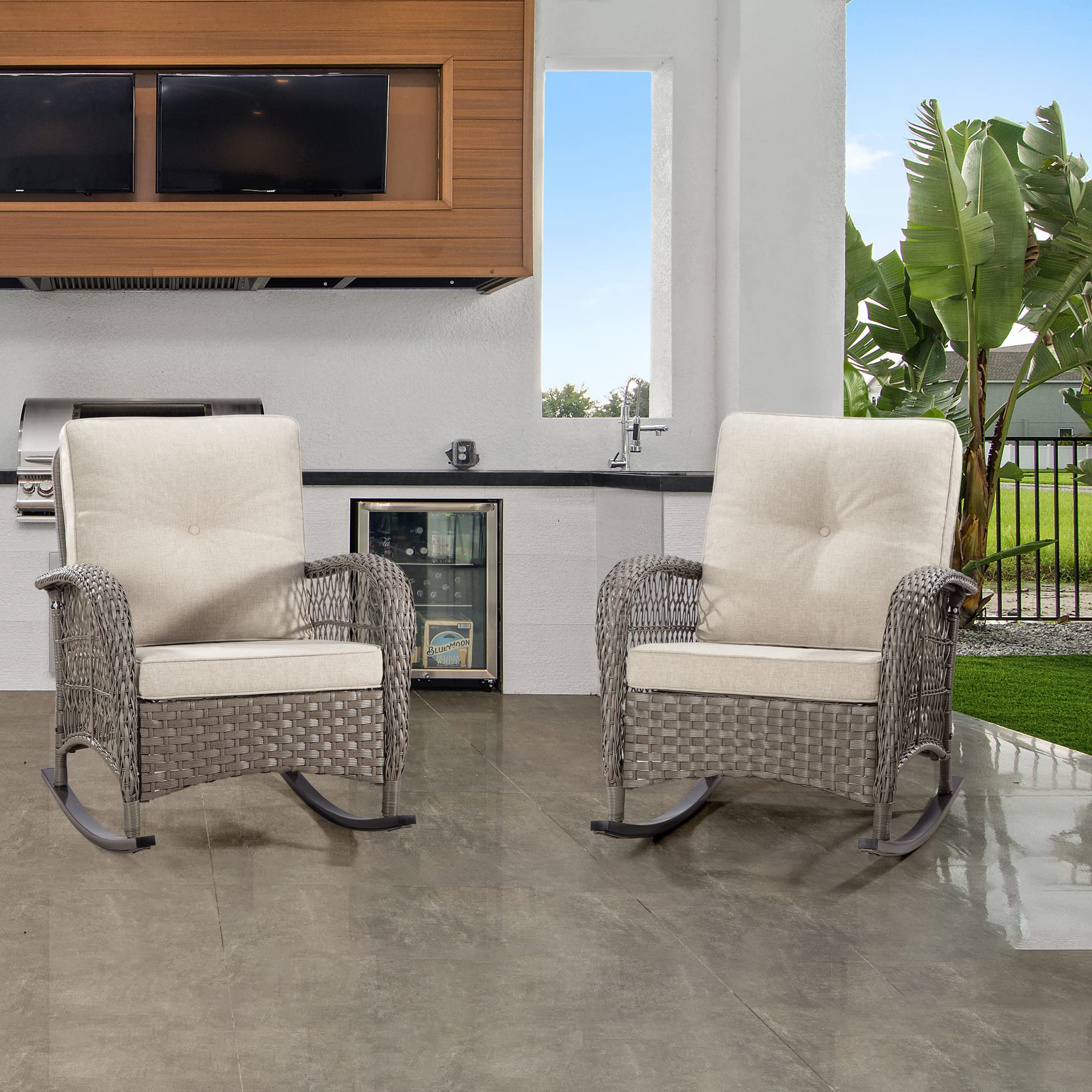 Joyside Patio Wicker Rocking Chair Set of 2 - All-Weather Outdoor Rocker Chair Two Pieces with Safe Rocking Design and Premium Fabric Cushions(Mixed/Beige)