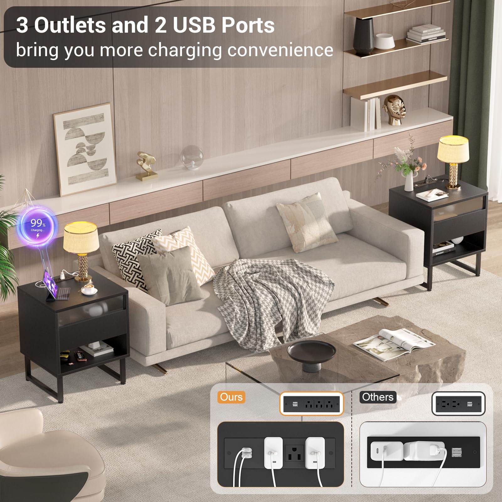 LED Nightstand with Charging Station, Black Night Stand with Charger Station, Bedside Table End Tables Bedroom, Modern Night Stand with a Big Capacity Drawer