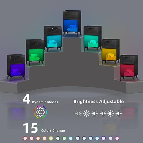 Lerliuo Nightstand with Charging Station and Led Lights, Night Stand with USB Ports and Outlets, Modern Bedside Table with Drawer and Storage Shelf, Black Smart Side Tables for Bedroom