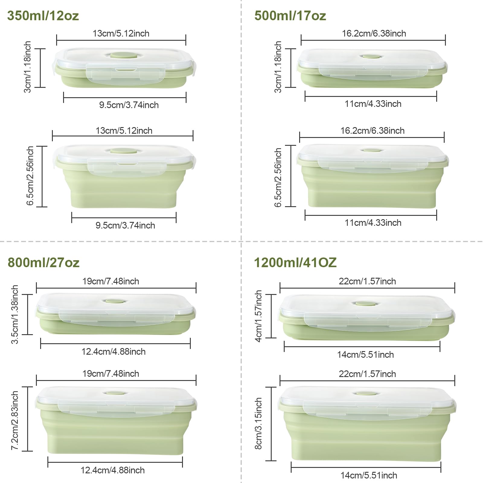 Soaoo Set of 8 Collapsible Silicone Food Storage Containers 12 oz 17 oz 27 oz 41 oz Stackable Collapsible Bowls with Airtight Lid Silicone Lunch Box Set, Oven Microwave Freezer Dishwasher Safe
