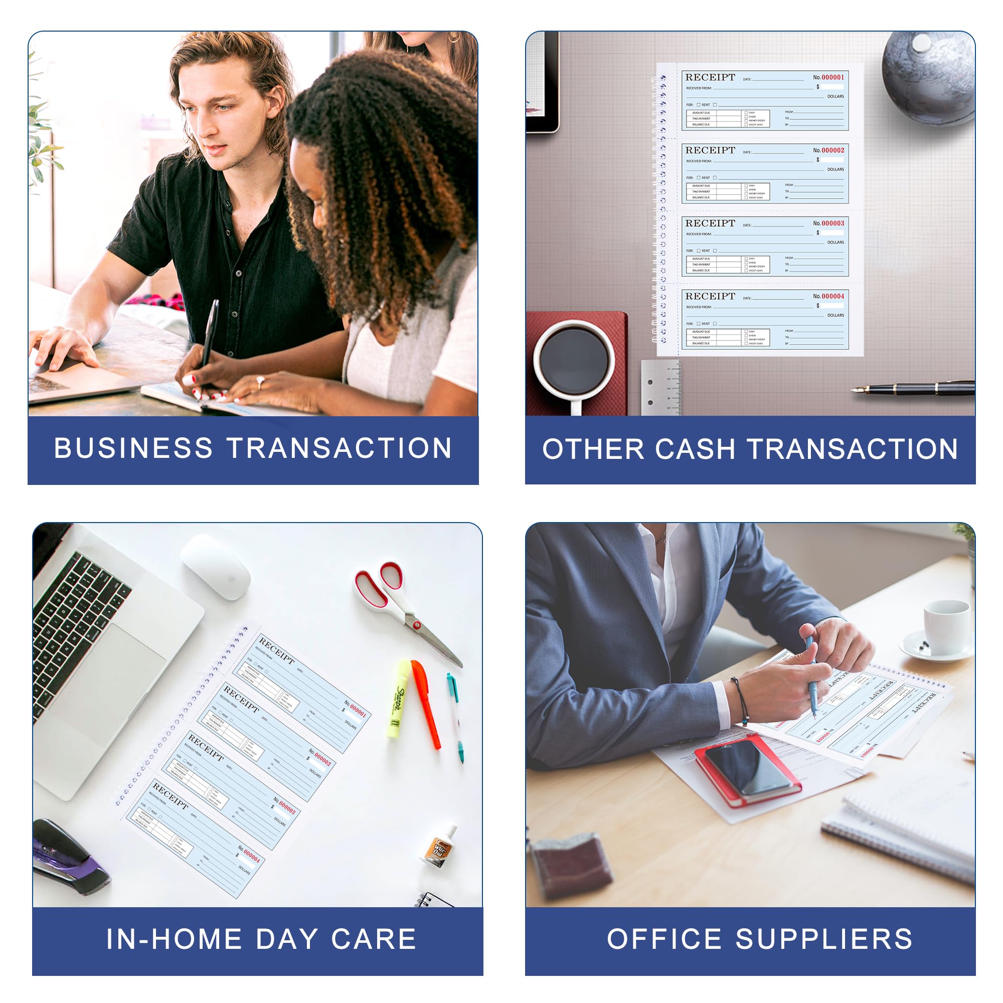 Large Money and Rent Receipt Book with Cardboard Insert,3-Part Carbonless,7.9”x11.2” Spiral Bound,100 Sets per Book,4 Receipts per Page for Office Supplier,Rent and Cash Transaction