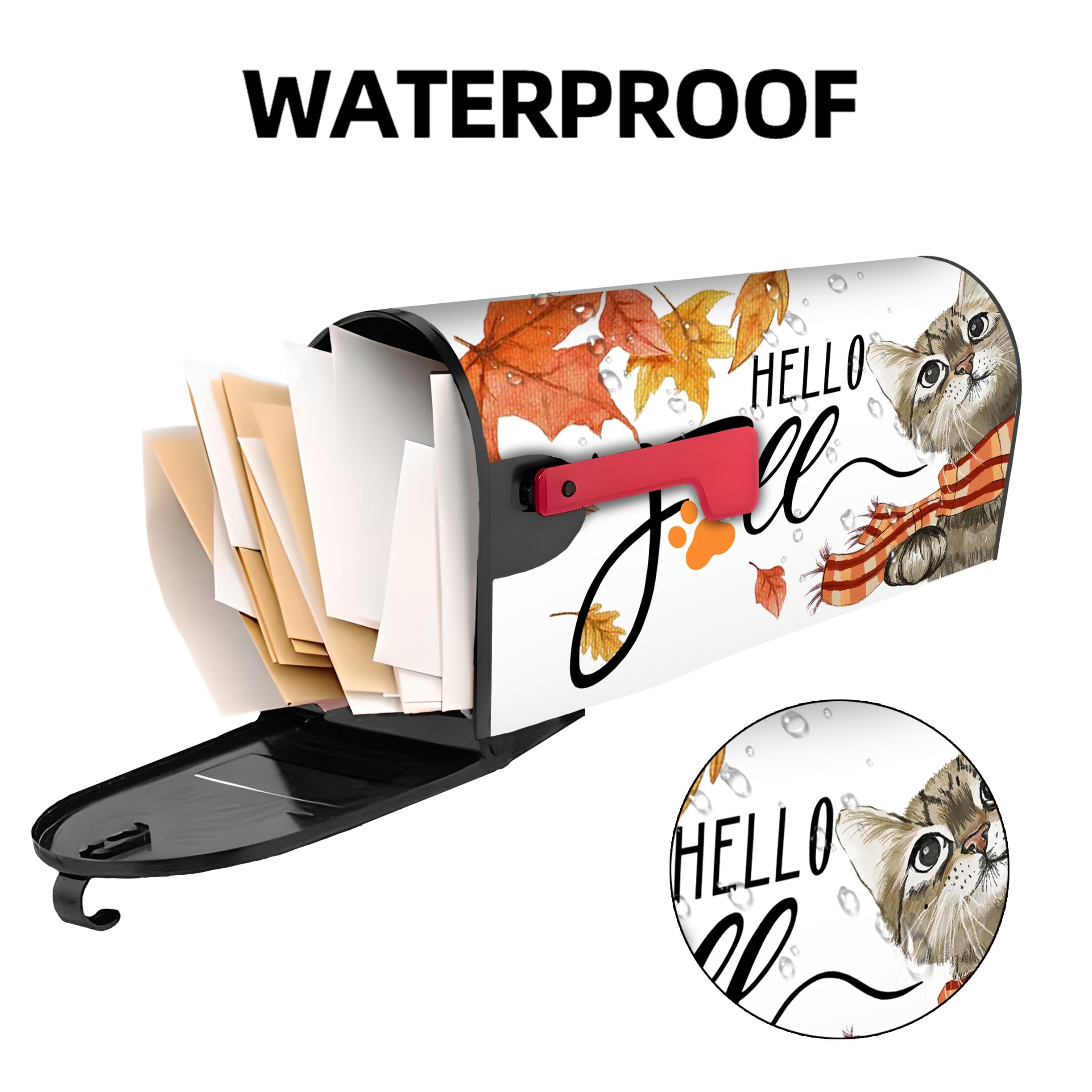 Fall Cat Mailbox Cover 21x18 Inch, Hello Fall Post Letter Box Covers, Autumn Harvest Thanksgiving Magnetic Waterproof Mail Wraps for Outdoor Yard Garden Standard Mailbox Decor