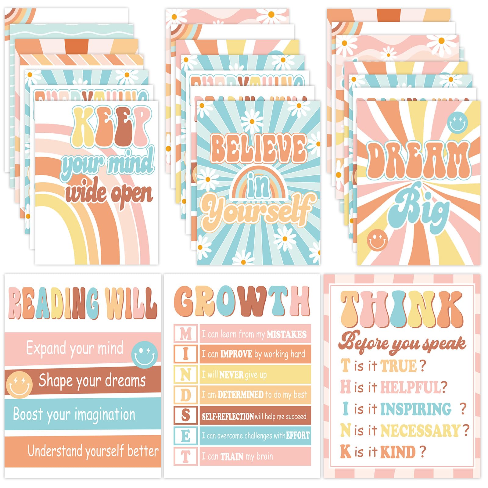 ZOIIWA 12 Retro Groovy Classroom Decorations Posters Groovy Hippie Bulletin Board Set Back to School Retro Growth Mindset Poster for Kids Classroom Homeschool Kindergarten Wall Art Unframed (8×10)