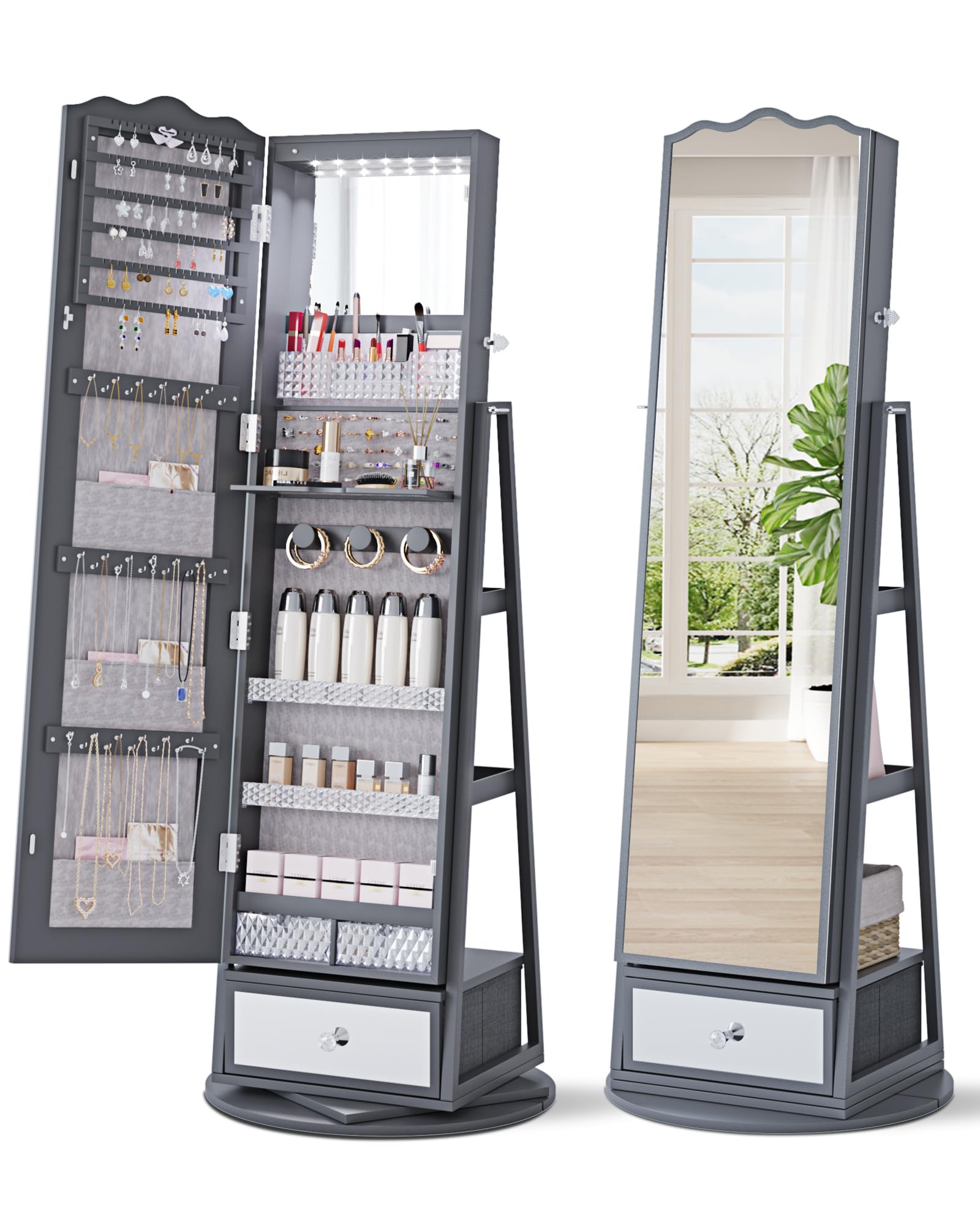 Dystler Full-Length Mirror Jewelry Cabinet: 360°Swivel Jewelry Armoire Cabinet with LED Lights - Built in Vanity Mirror Lockable Standing Jewelry Organizer with Large Capacity Shelves& Drawer Grey
