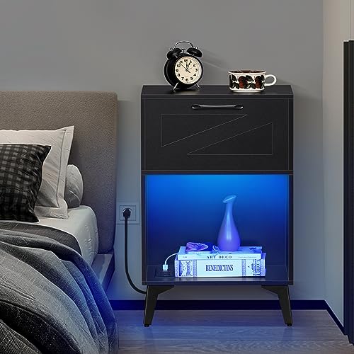 Lerliuo Nightstand with Charging Station and Led Lights, Night Stand with USB Ports and Outlets, Modern Bedside Table with Drawer and Storage Shelf, Black Smart Side Tables for Bedroom