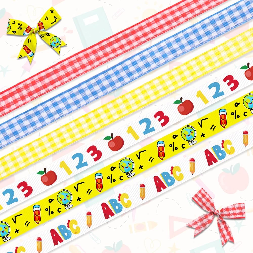 Hying 6 PCS Welcome Back to School Ribbons, 3/8" Width School Themed Grosgrain Ribbons Red Yellow Buffalo Plaid Ribbon ABC Pencils Craft Ribbons for Gift Wrapping DIY Teacher Appreciation Supplies