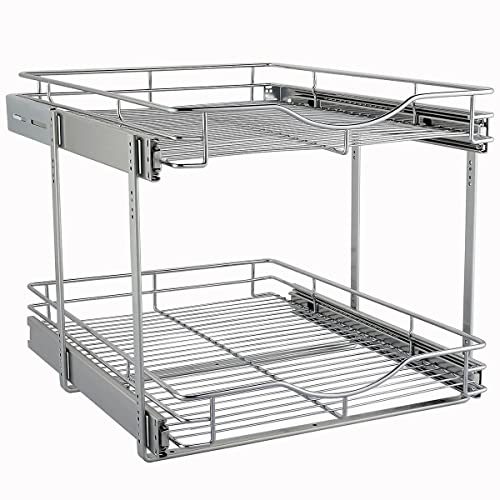DINDON 2 Tier Pull Out Cabinet Organizer(11" W X 21" D ), Double Tier Wire Basket Slide Out Shelf Storage for Kitchen Base Cabinet Organization for Kitchen, Pantry, Bathroom, Chrome