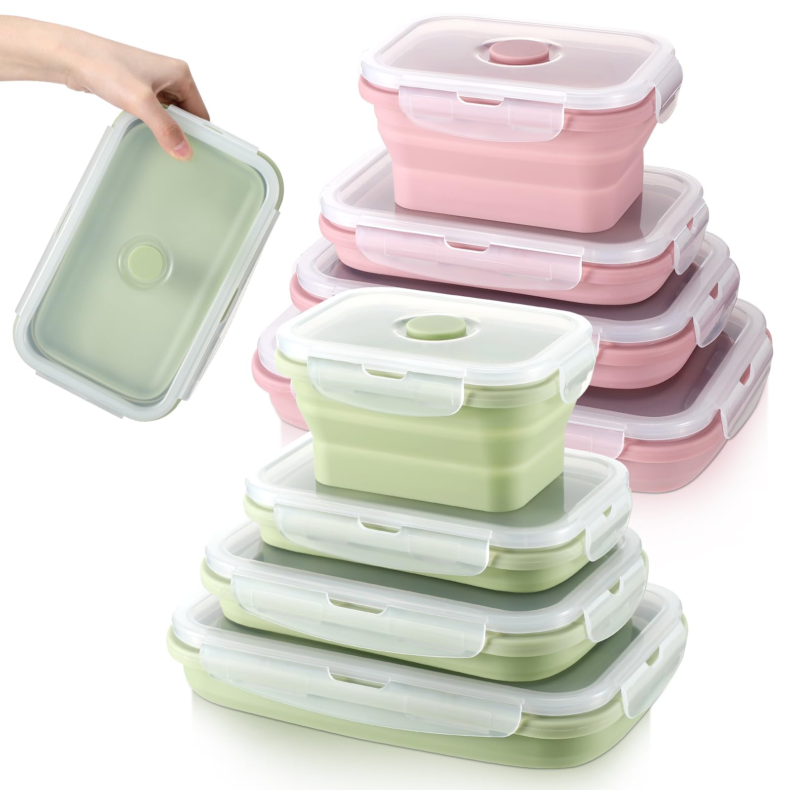 Soaoo Set of 8 Collapsible Silicone Food Storage Containers 12 oz 17 oz 27 oz 41 oz Stackable Collapsible Bowls with Airtight Lid Silicone Lunch Box Set, Oven Microwave Freezer Dishwasher Safe