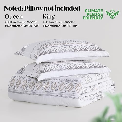 CozyDH Boho Comforter Set Queen Size - 100% Egyptian Long-Staple Cotton Modern Design with Geometric, Modern Breathable Lightweight All Season Bedding Set with Shams, 90"x90", Grey/White, 3 Piece