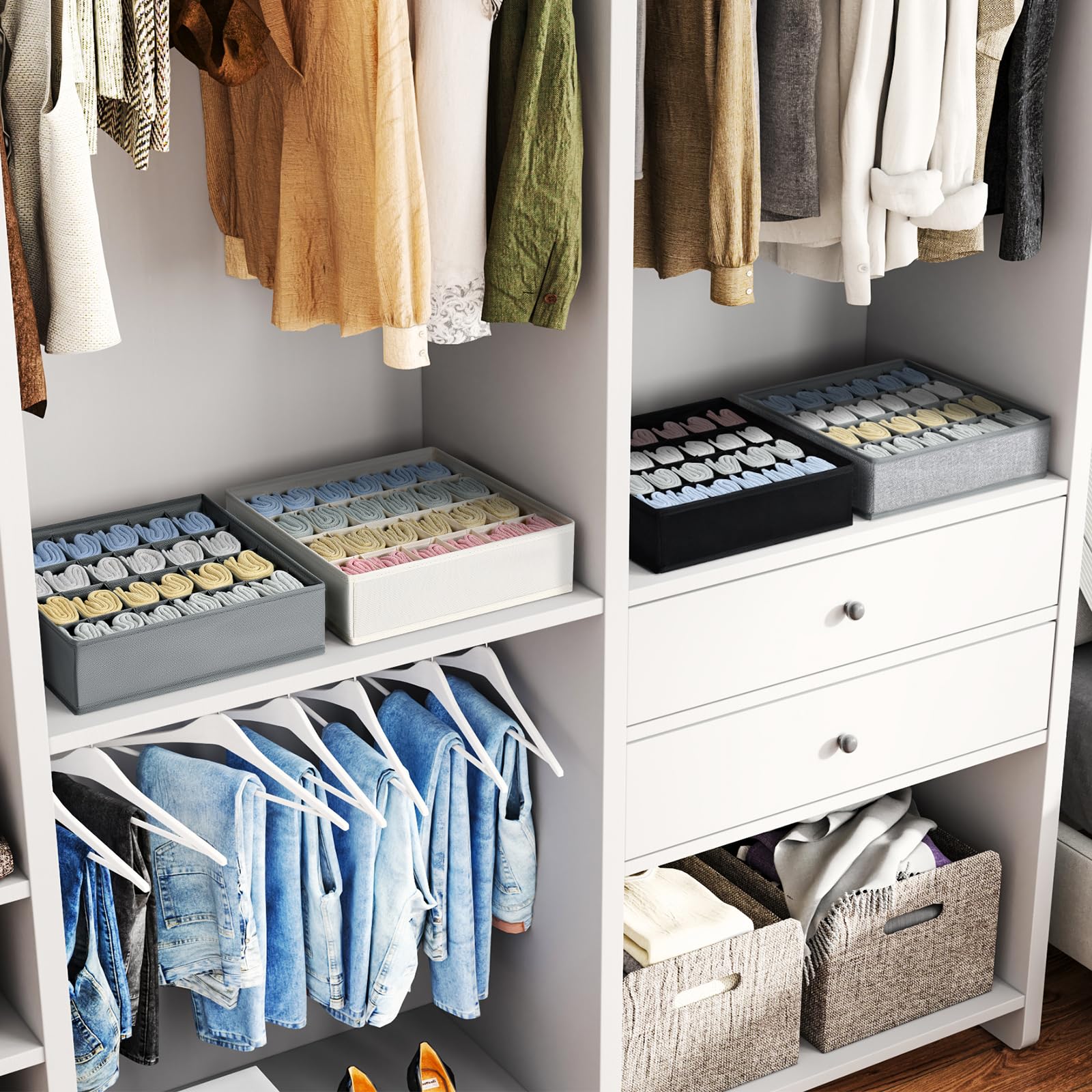 Easortm Sock Organizer 4 Pack, Large Sock Drawer Divider, Underwear Storage 24 Cell Closet Organizers and Storage for Wardrobes, Drawers. (Beige)