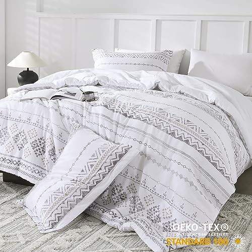 CozyDH Boho Comforter Set Queen Size - 100% Egyptian Long-Staple Cotton Modern Design with Geometric, Modern Breathable Lightweight All Season Bedding Set with Shams, 90"x90", Grey/White, 3 Piece