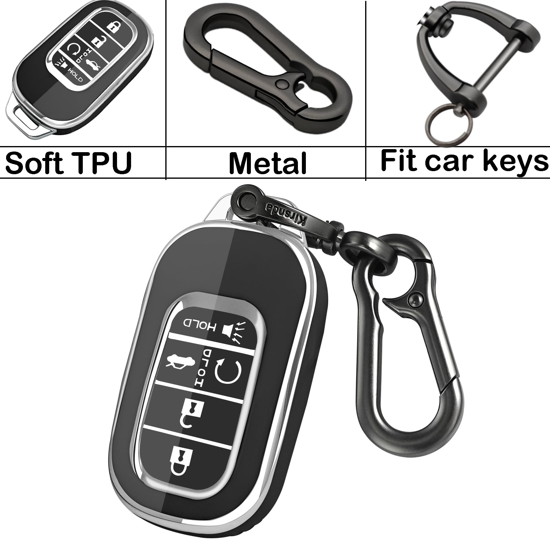 Kirsnda for Honda key fob cover,case with keychain,Soft TPU Protection key Shell/skin,5 Buttons fit 2022 2023 Accord Civic HR-V CR-V Pilot Remote Key(black)