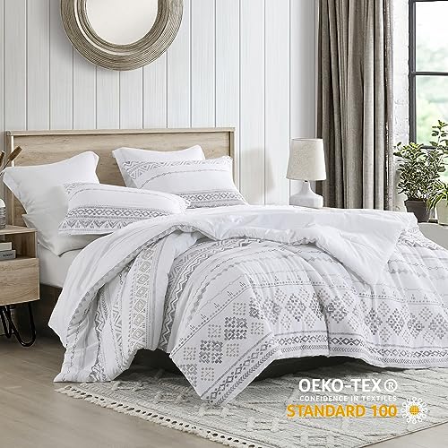 CozyDH Boho Comforter Set Queen Size - 100% Egyptian Long-Staple Cotton Modern Design with Geometric, Modern Breathable Lightweight All Season Bedding Set with Shams, 90"x90", Grey/White, 3 Piece