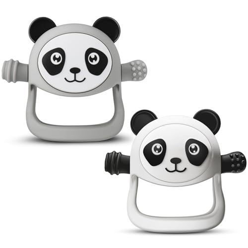 COZYPANDA Teething Toys for Babies 0-6-12 Months, 2 Pcs Never Drop Baby Teether for Teething Relief, Silicone Baby Hand Mitten with Sucking Need Pacifier, Baby Chew Toys for Breast Feeding, White+Grey